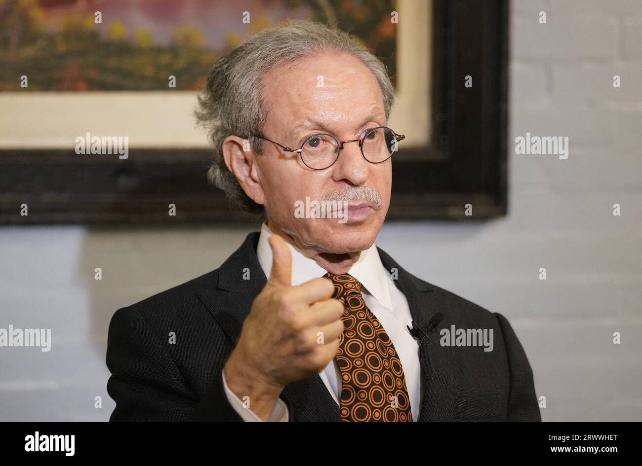 New York, USA. 17th Sep, 2023. Robert Lawrence Kuhn, chairman of the Kuhn Foundation, gestures ...
