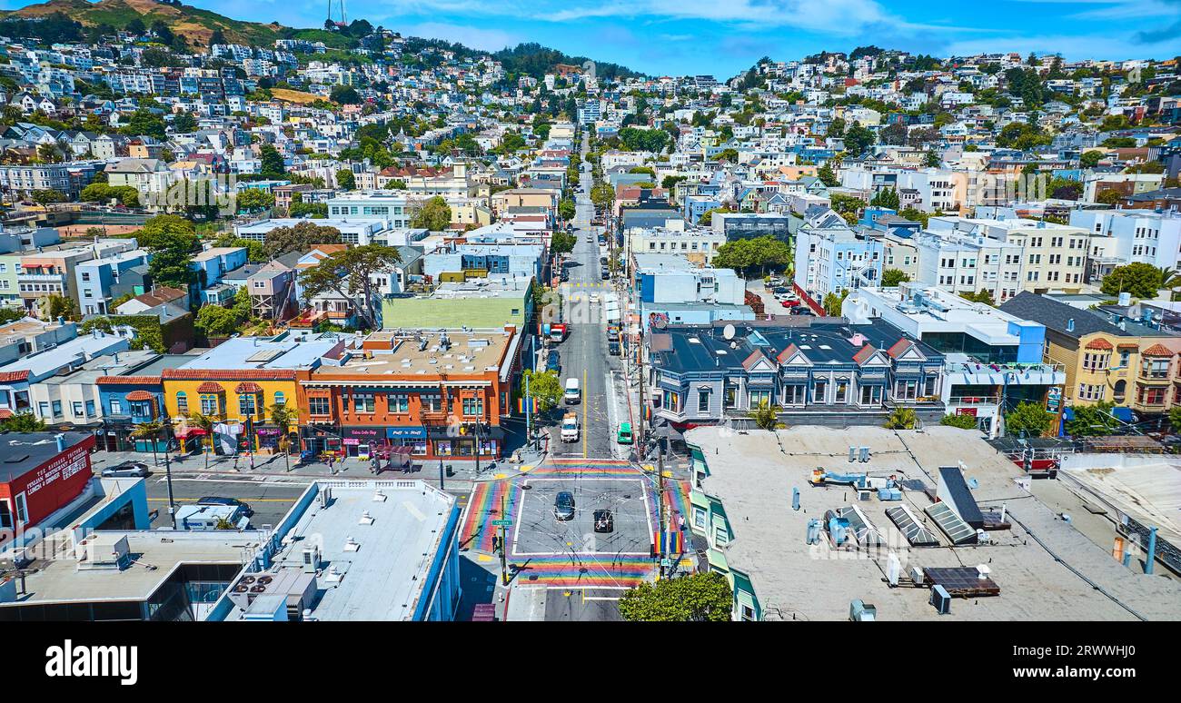 Rainbow crosswalks in Castro District aerial of San Francisco city with ...