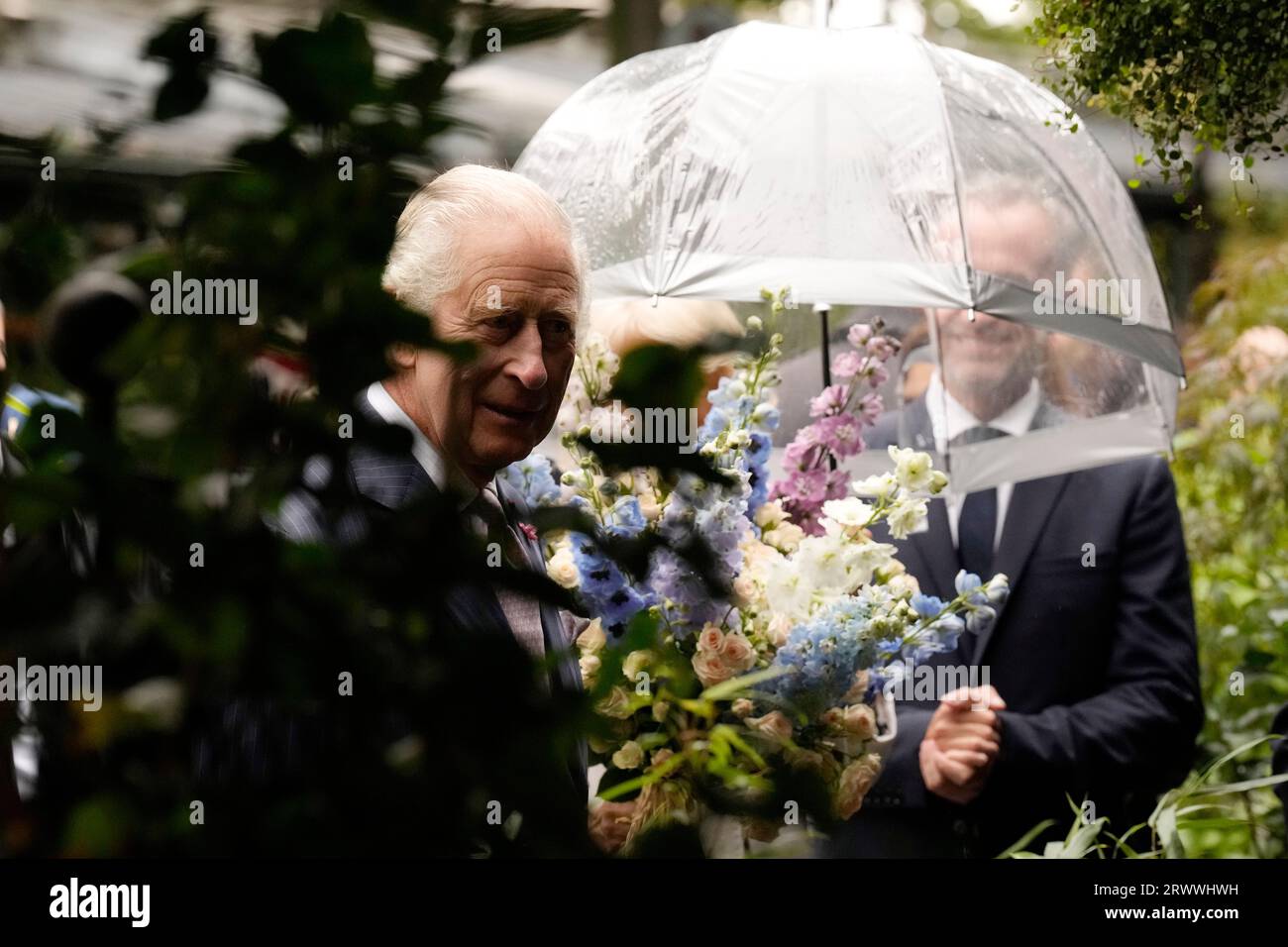Britain's King Charles III visits the Flower Market Thursday, Sept. 21 ...