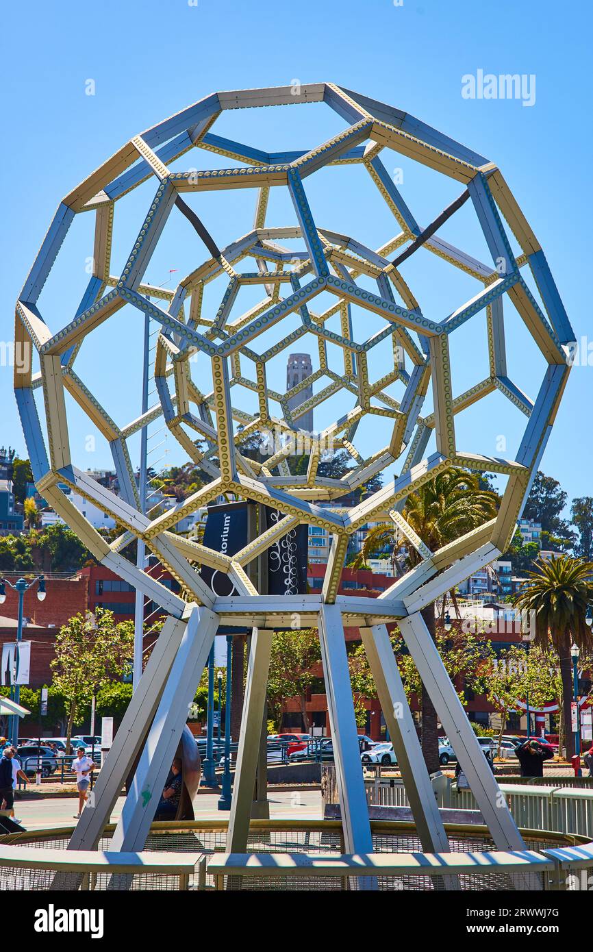 Hexagon and polygon ball optical illusion art with Coit Tower in center ...