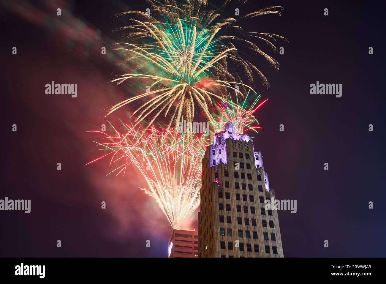 Top of purple Lincoln Tower with dazzling Fourth of July fireworks ...