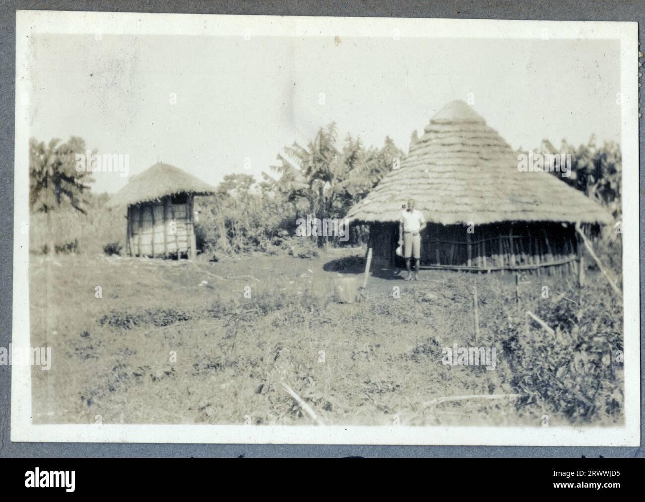 A European style bungalow with corrugated iron roof and chimney. It is ...