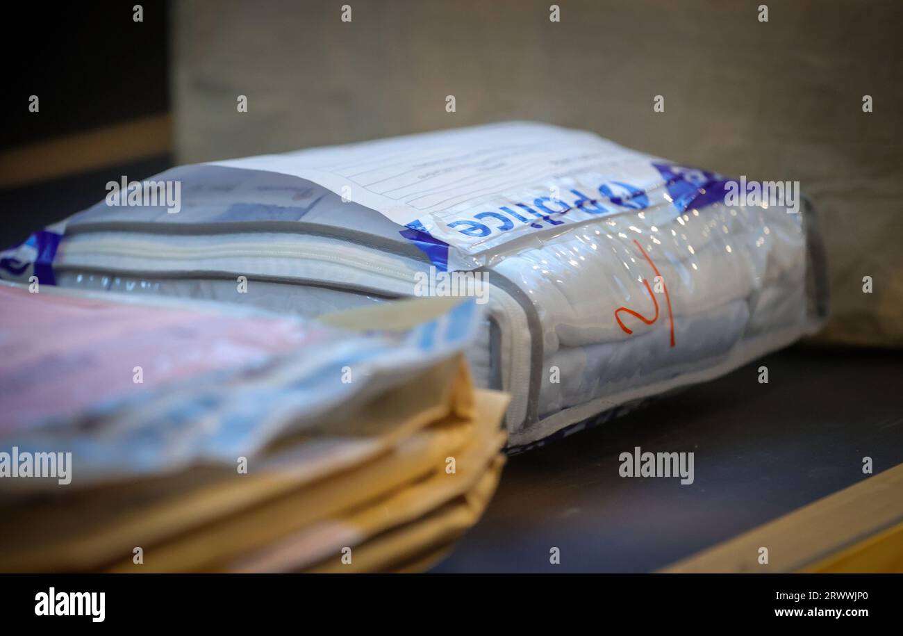 Mons, Belgium. 21st Sep, 2023. Pieces of evidence pictured during the ...