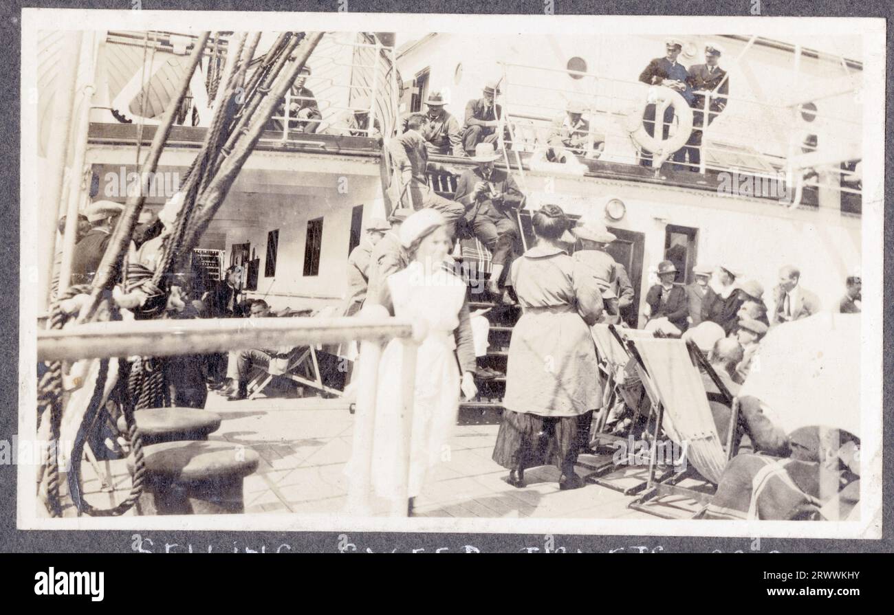 View of decks on the S.S. Garth Castle, with a nurse, naval personnel ...