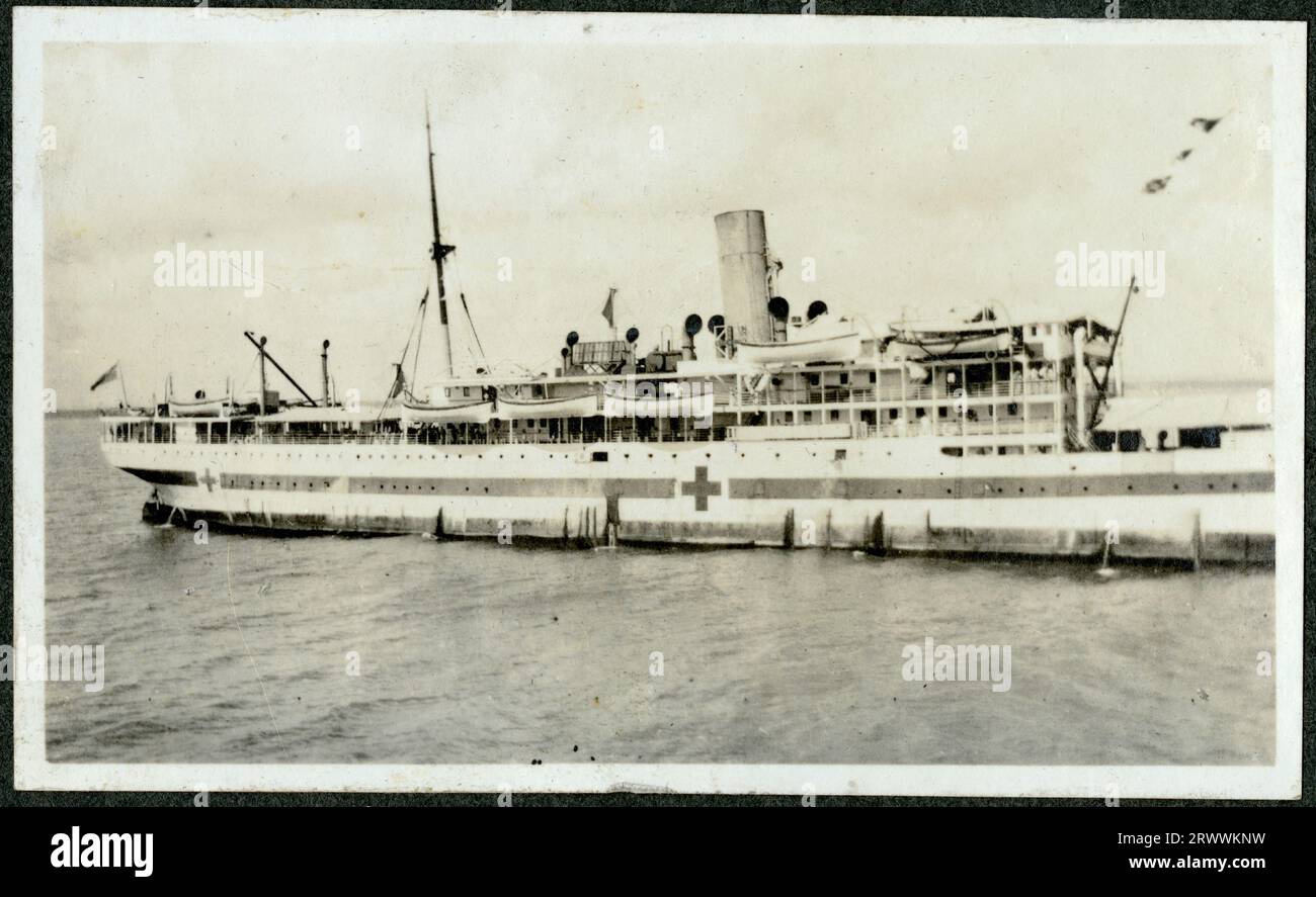 Side view of the hospital ship HMHS Guildford Castle at anchor, bearing ...