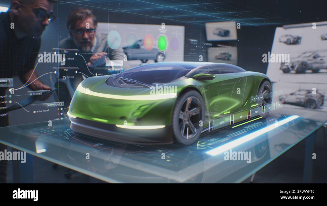 Two male automotive designers create design of eco-friendly electric ...