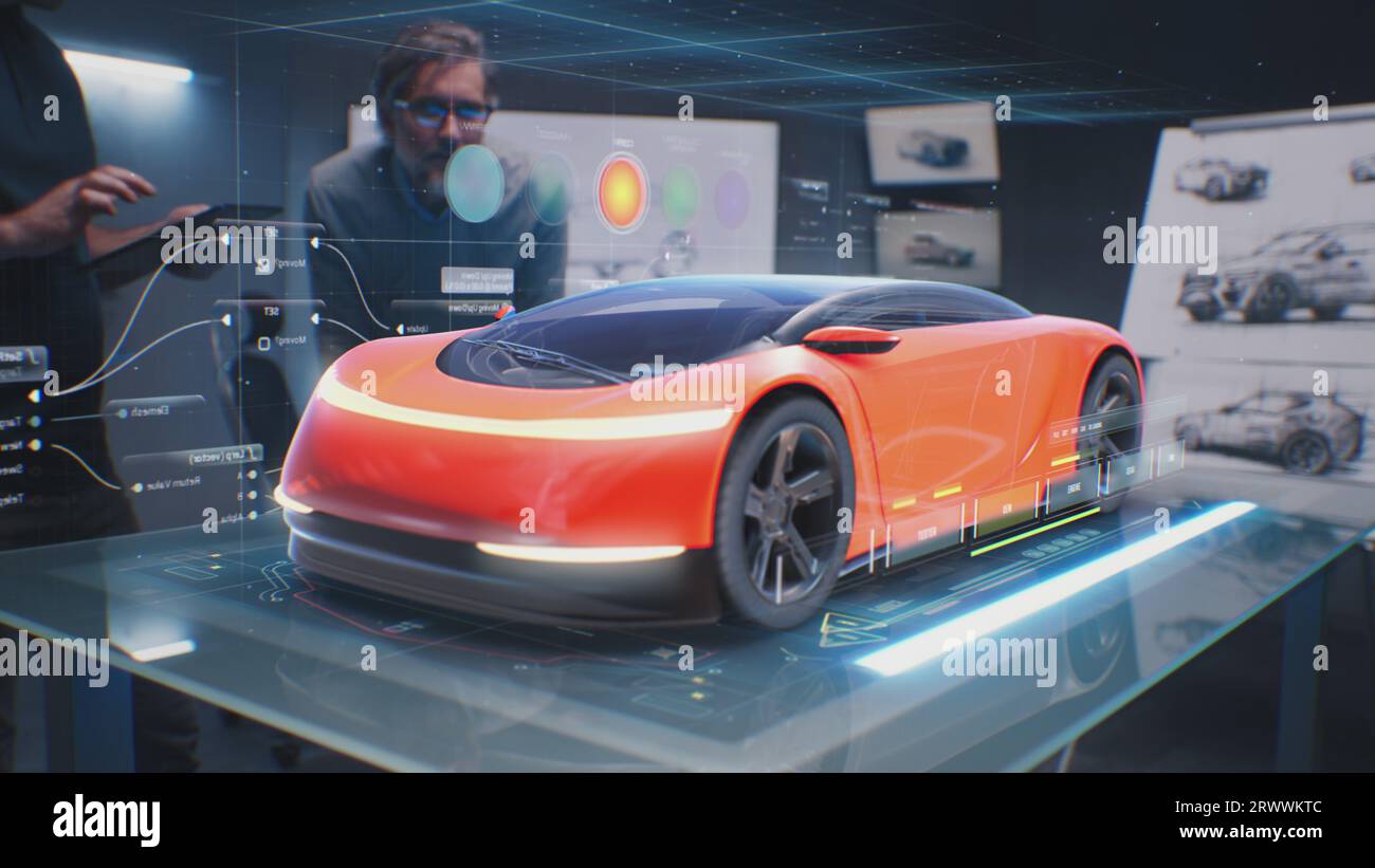 Two male automotive designers create design of eco-friendly electric ...