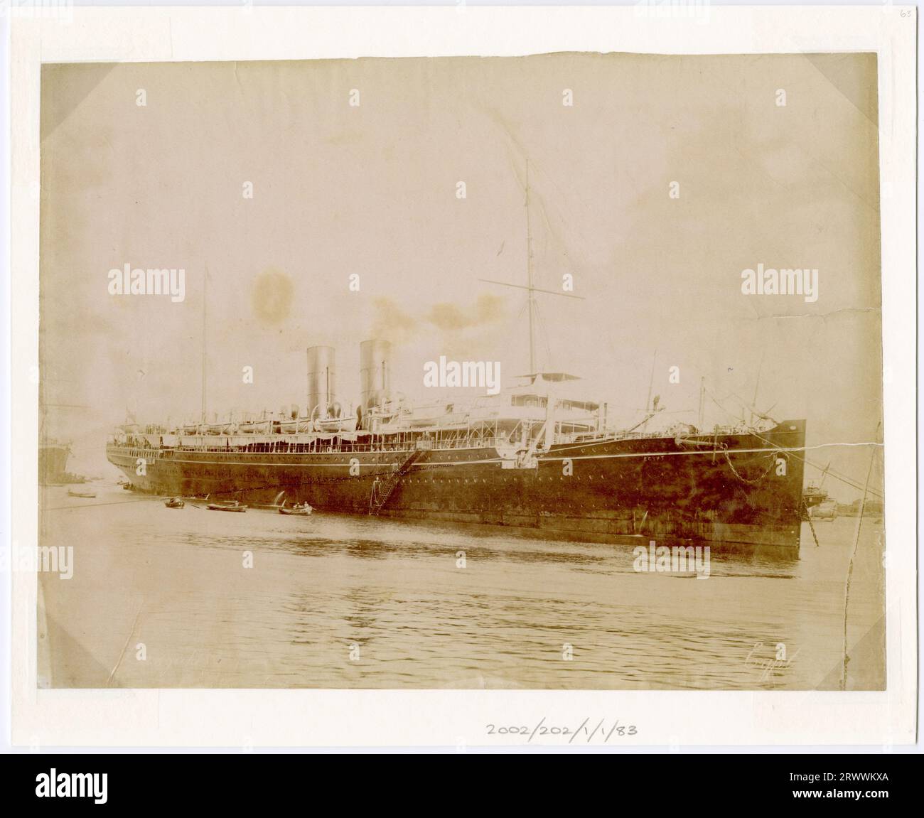 View of double-funnelled, single-masted steamship S.S. Egypt in ...