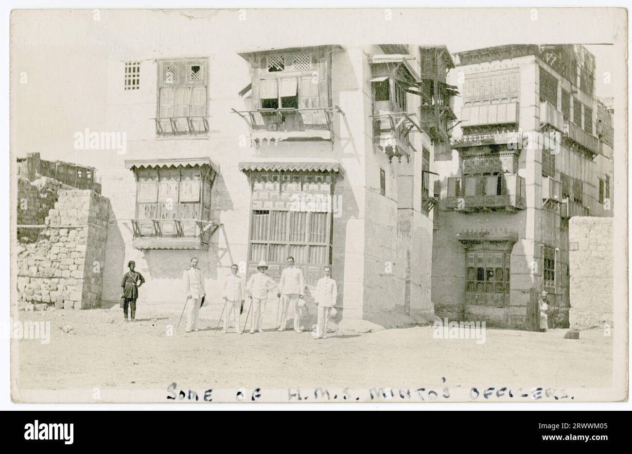 Photograph shows a group of European adult males, in white naval ...