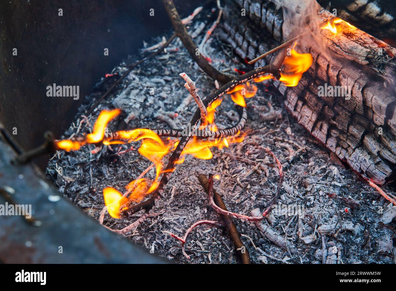 Close up of small twigs on fire with orange and yellow flames and red ...