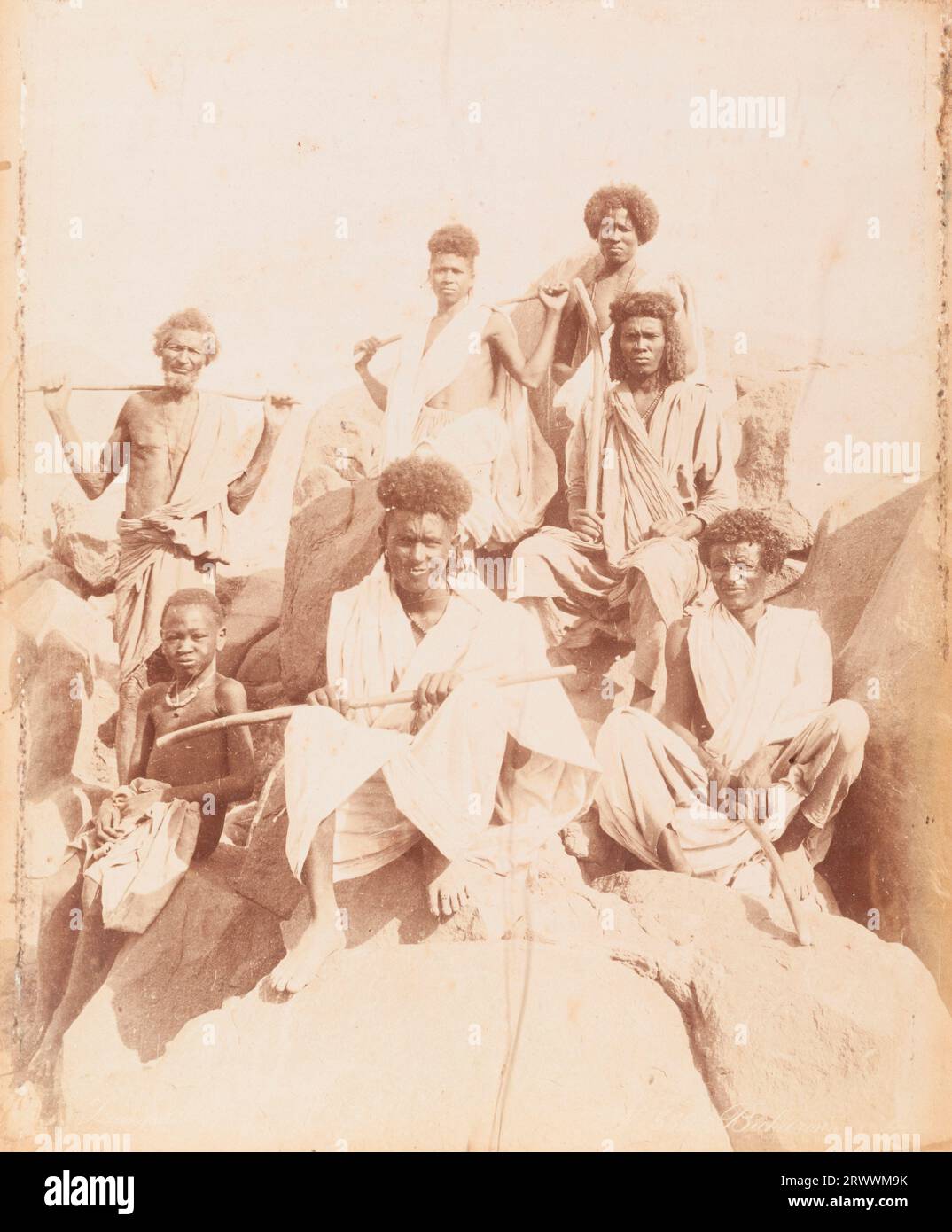 A group portrait of six Bicharin men and a young boy indigenous to the ...