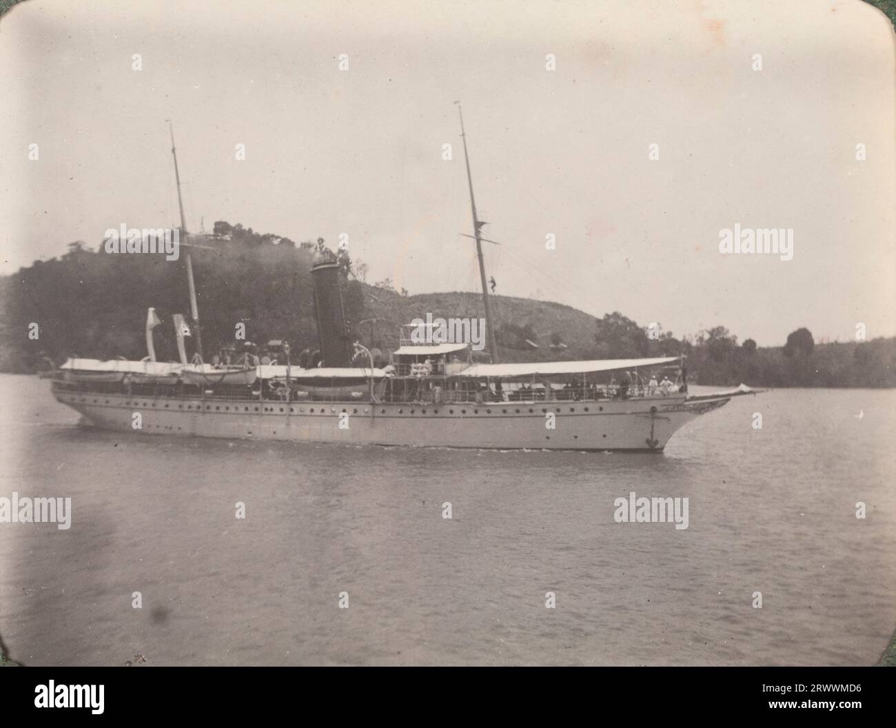 Side view of single-funnelled, two-masted, marine survey vessel R.I.M.S ...