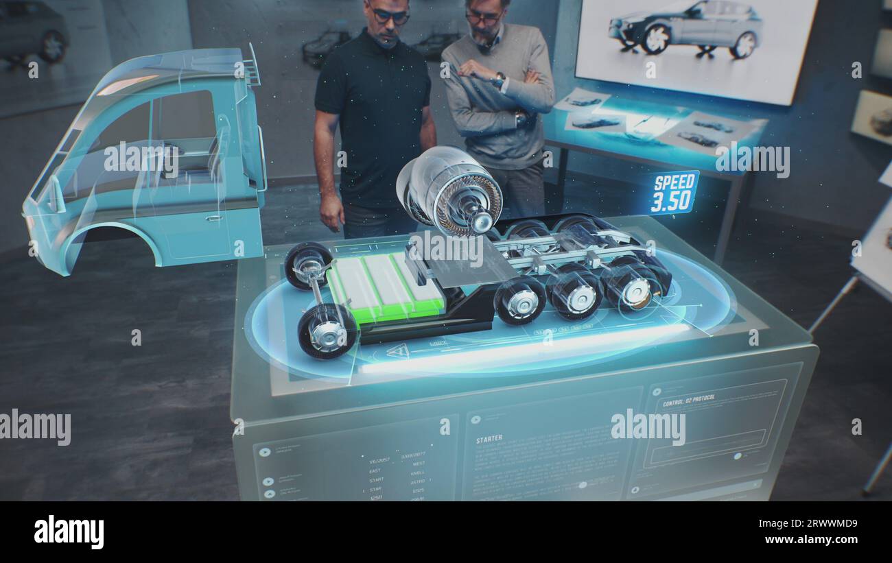 Two male automotive engineers create new eco-friendly truck with ...