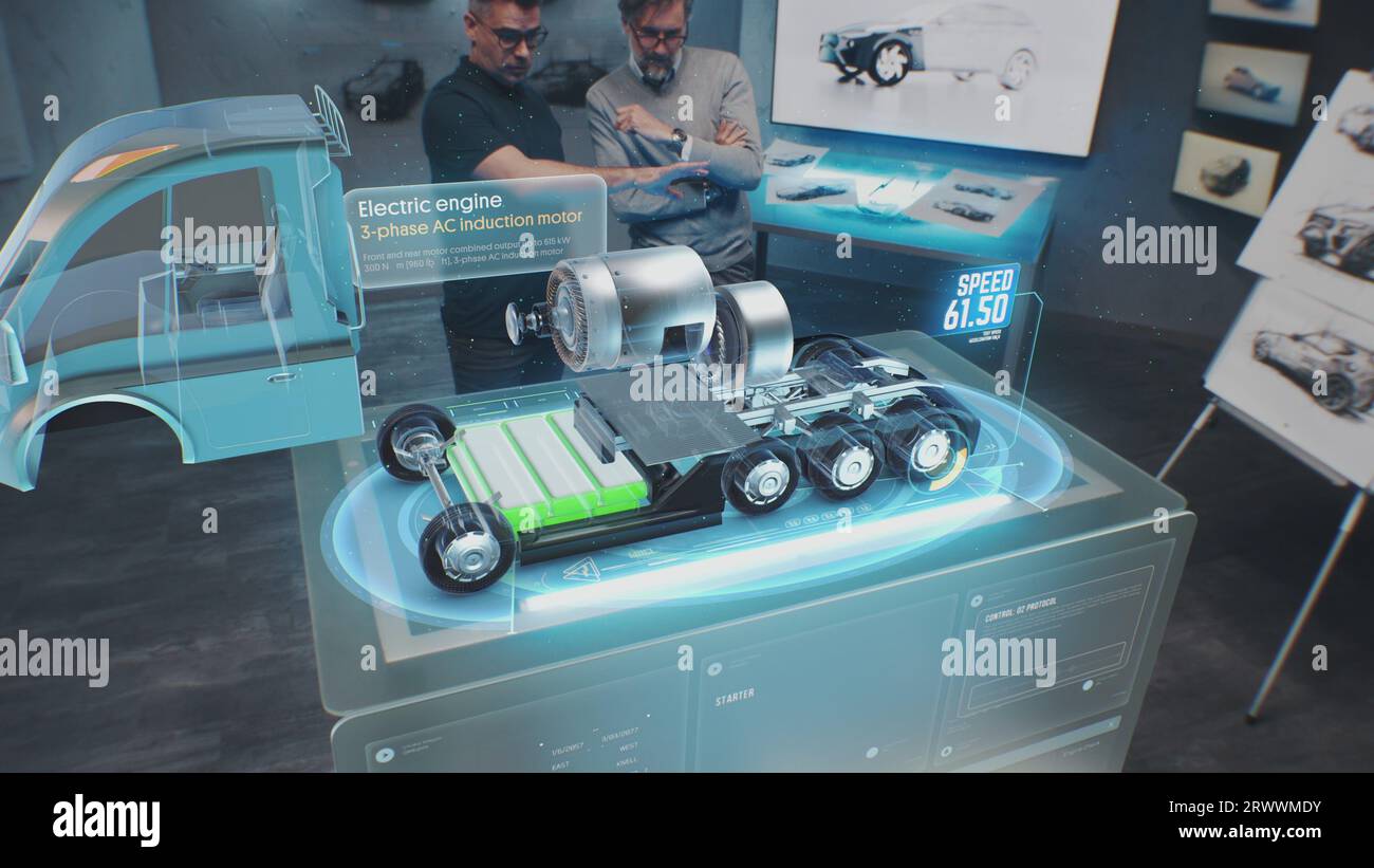 Two male automotive engineers create new eco-friendly truck with ...