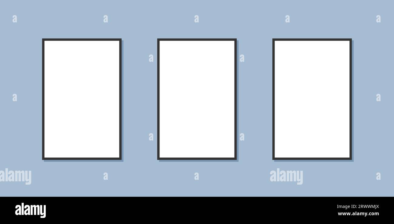 Three simple frames. Blue gallery wall with three blank paintings ...