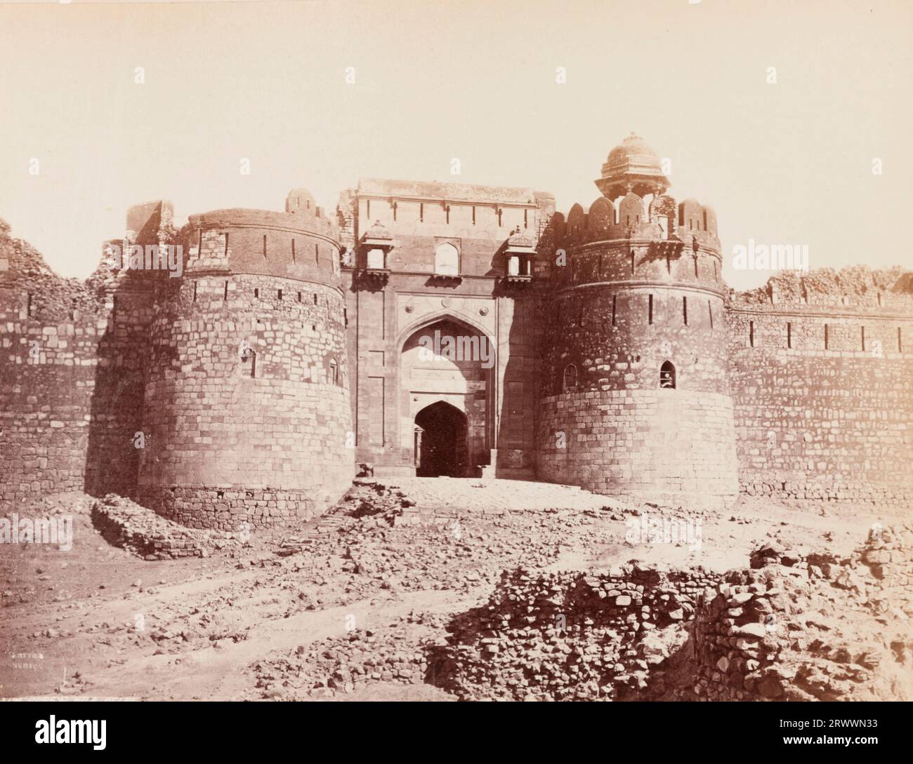 Large stone gateway to the Purana Qila, the Old Fort in Delhi. The ...