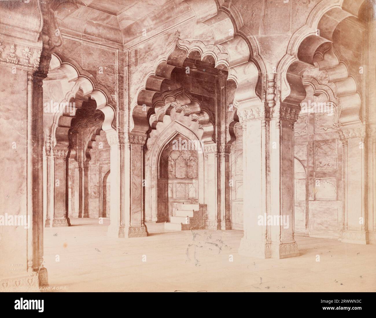 View of the Islamic architecture and arches in the side arcade at Moti ...