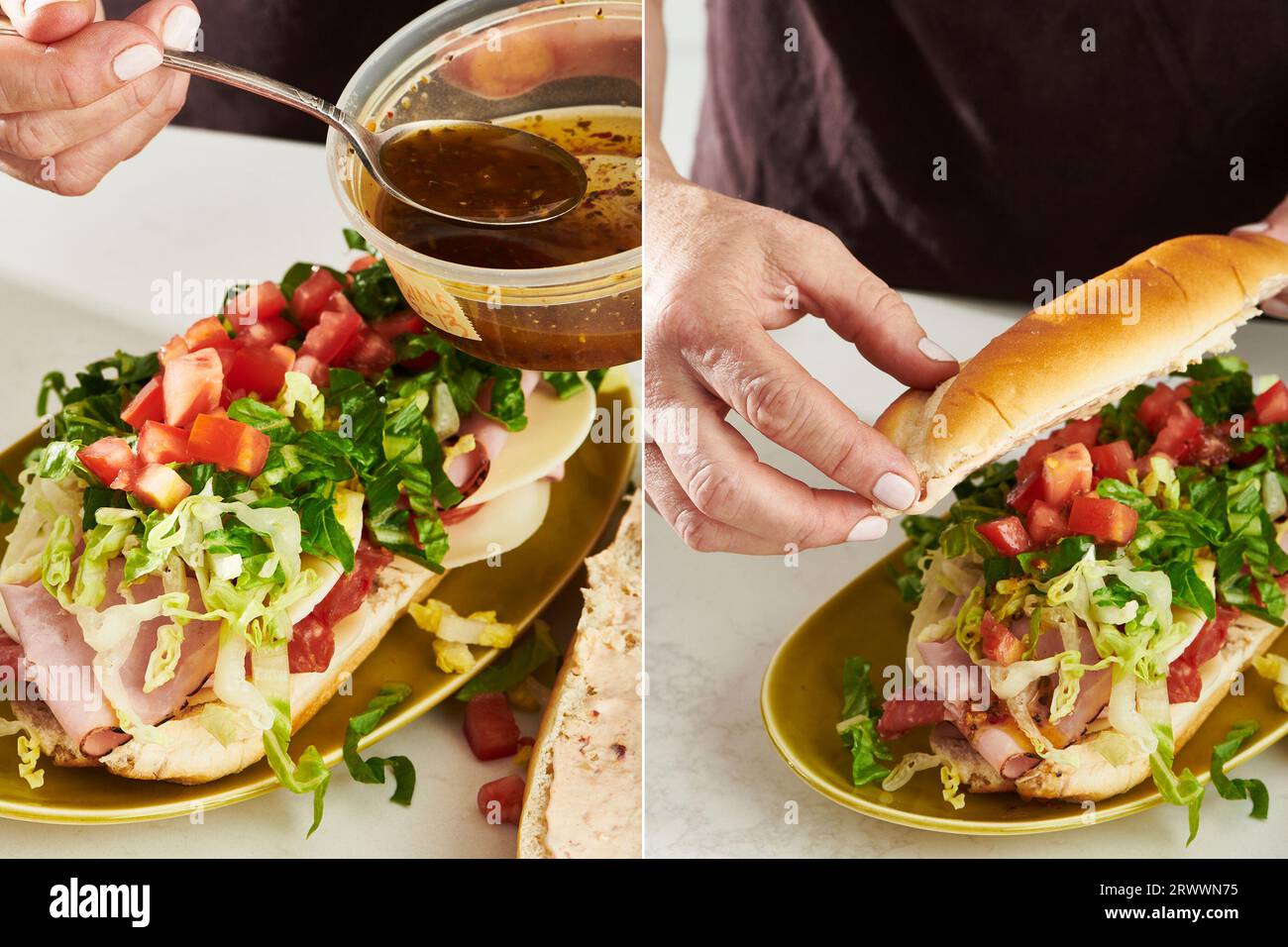 This combination of photos show a submarine sandwich being prepared in ...
