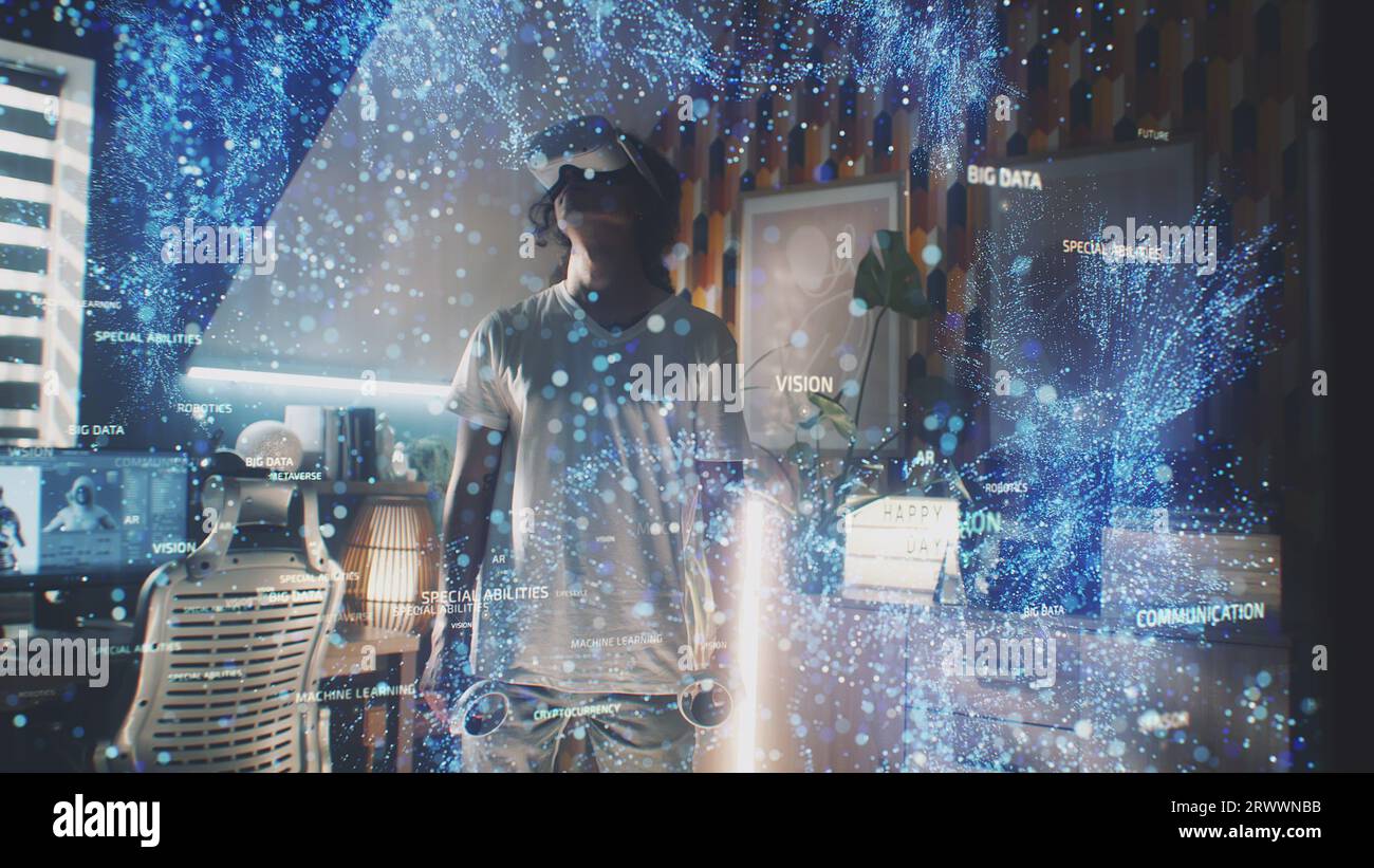 Teenager uses augmented reality headset and wireless controllers at ...