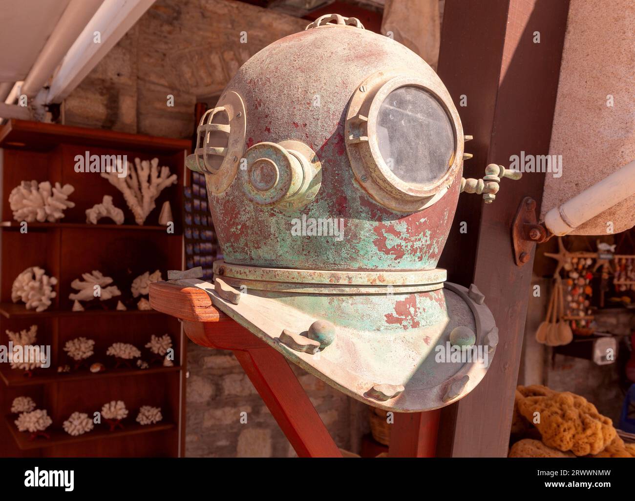 Old copper diving helmet of a sponge catcher in Rhodes. Greece Stock ...