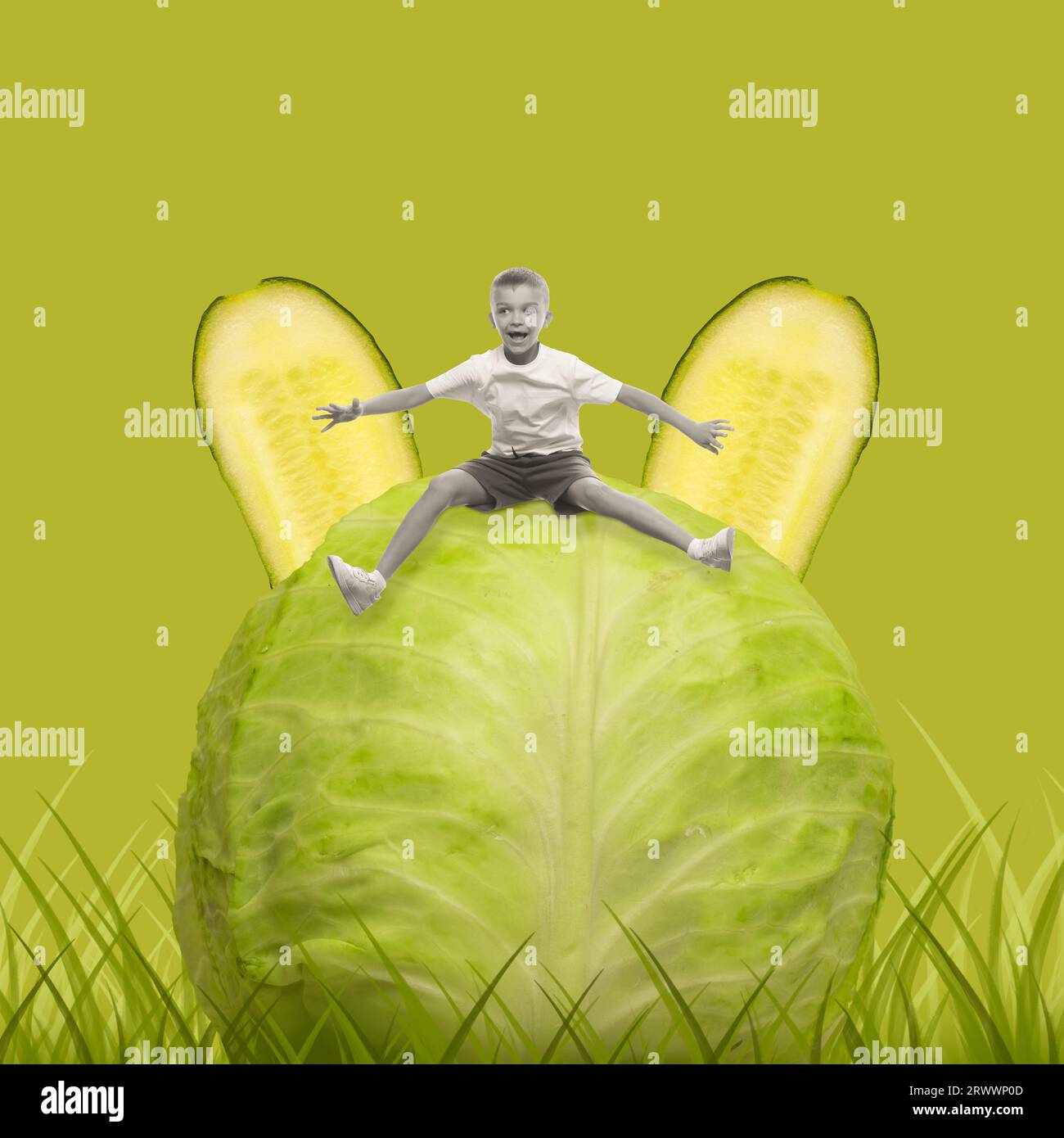 Little playful boy, child jumping over cabbage, having fun. Vegetable ...