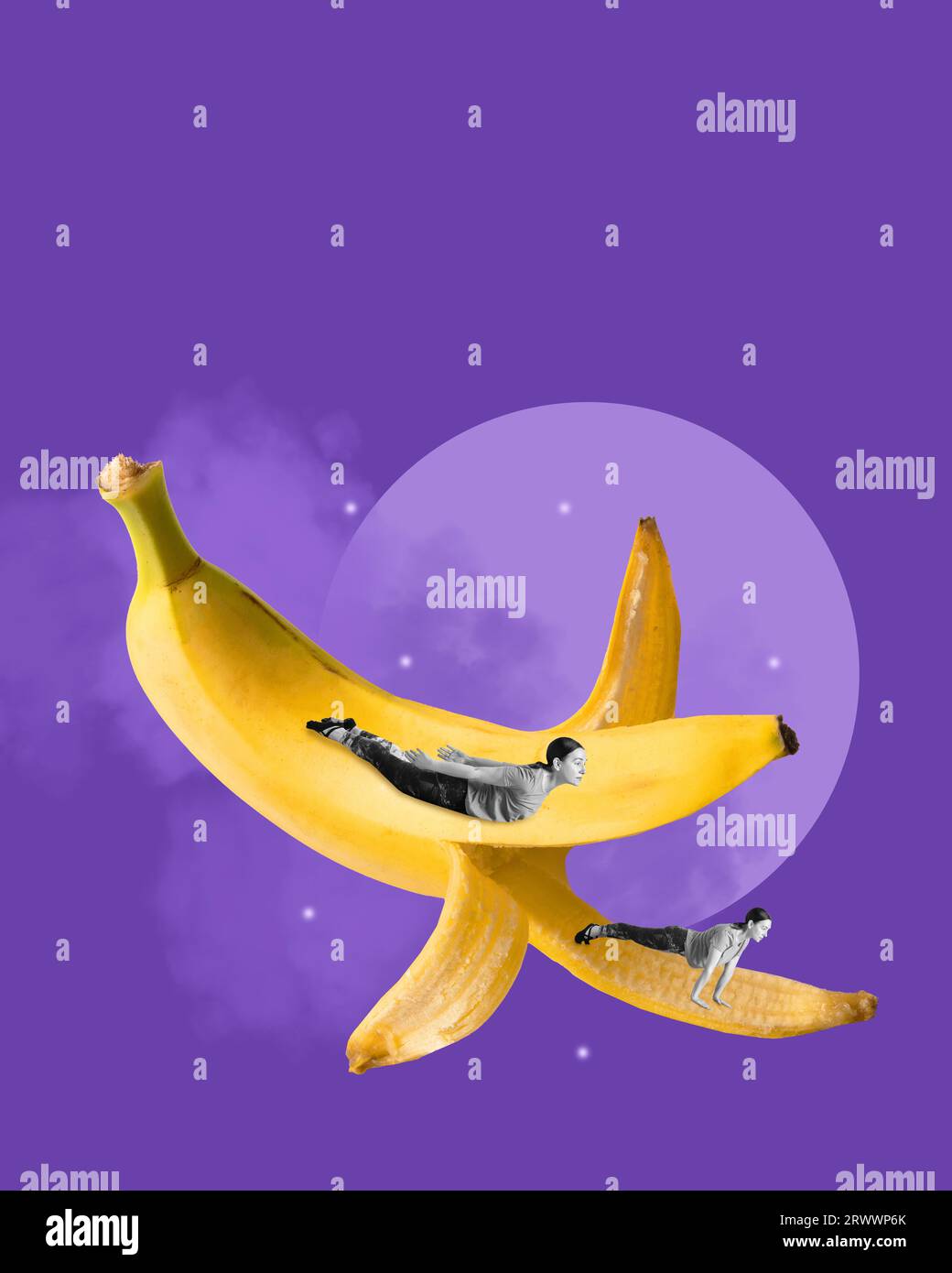 Mature woman training, sliding down banana over purple background ...
