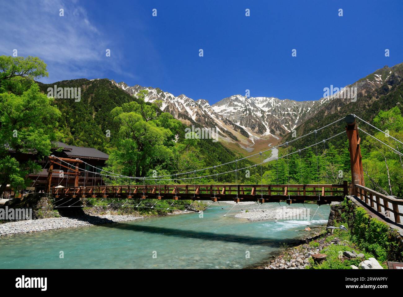 Azusa River and Kappa Bridge in fresh green in Kamikochi, Matsumoto ...
