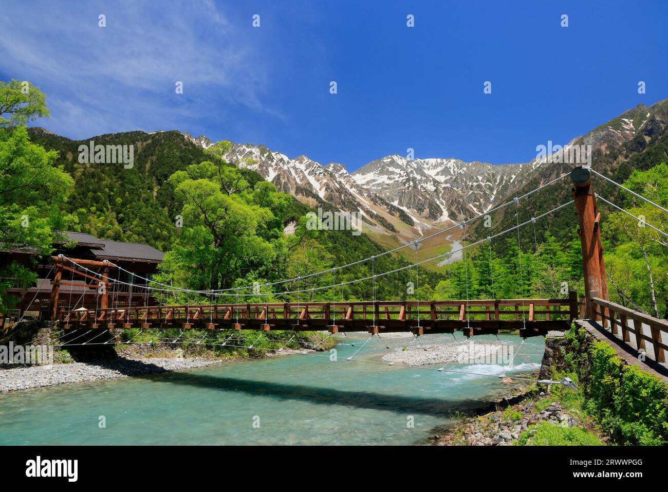 Azusa River and Kappa Bridge in fresh green in Kamikochi, Matsumoto ...