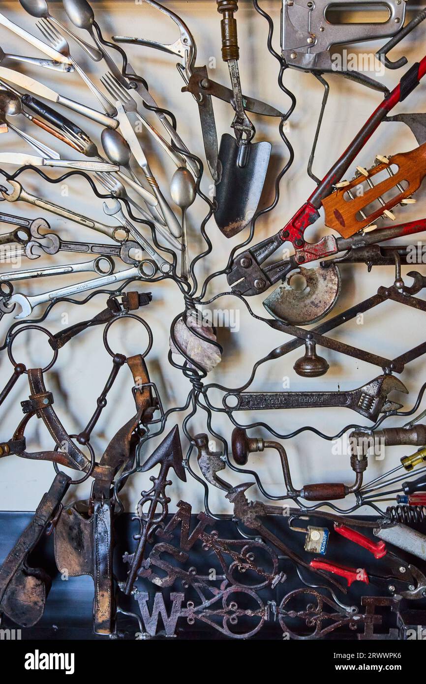 Wall of interconnecting tools connected by wires on white background ...