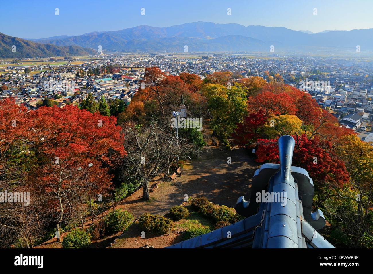 Autumn leaves seen from the castle keep of Echizen Ono Castle Ono City ...