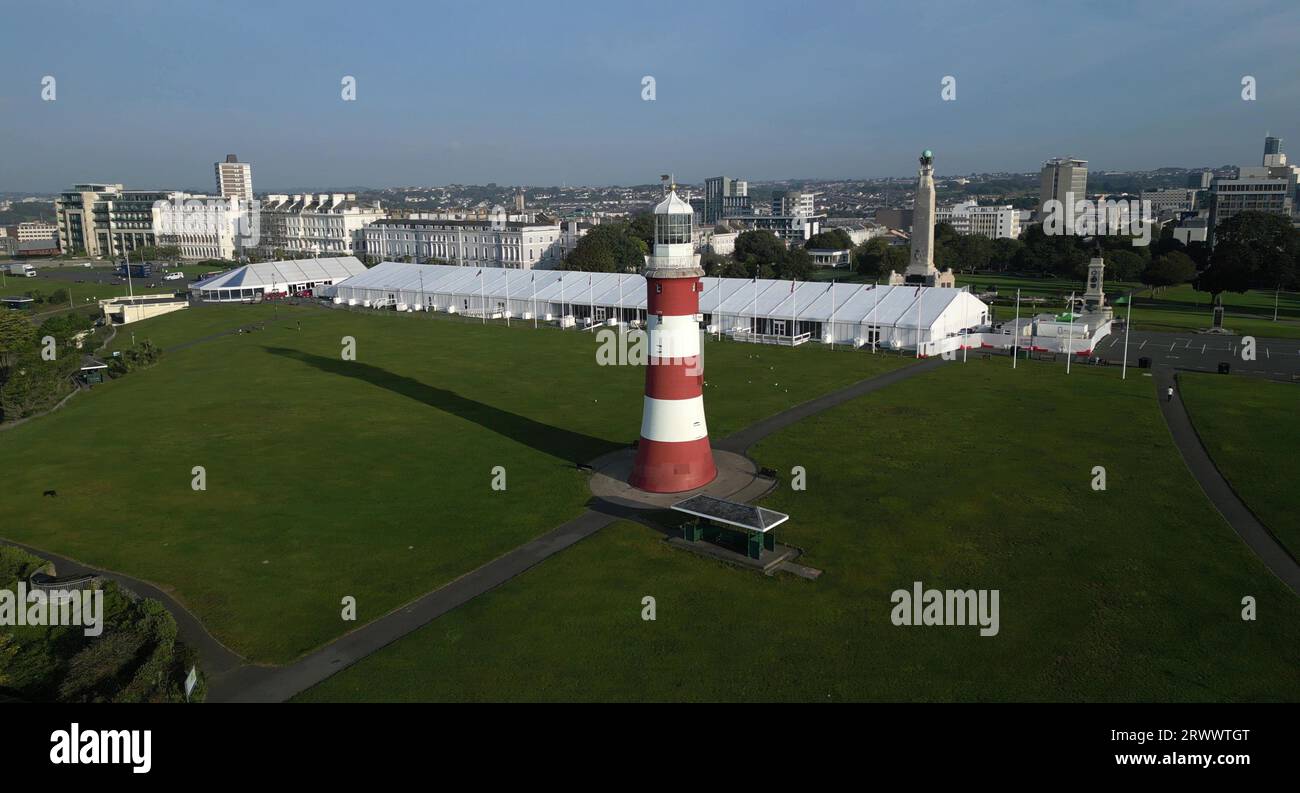 Plymouth, Devon, England: DRONE VIEW: Smeaton's Tower on The Hoe; an ...