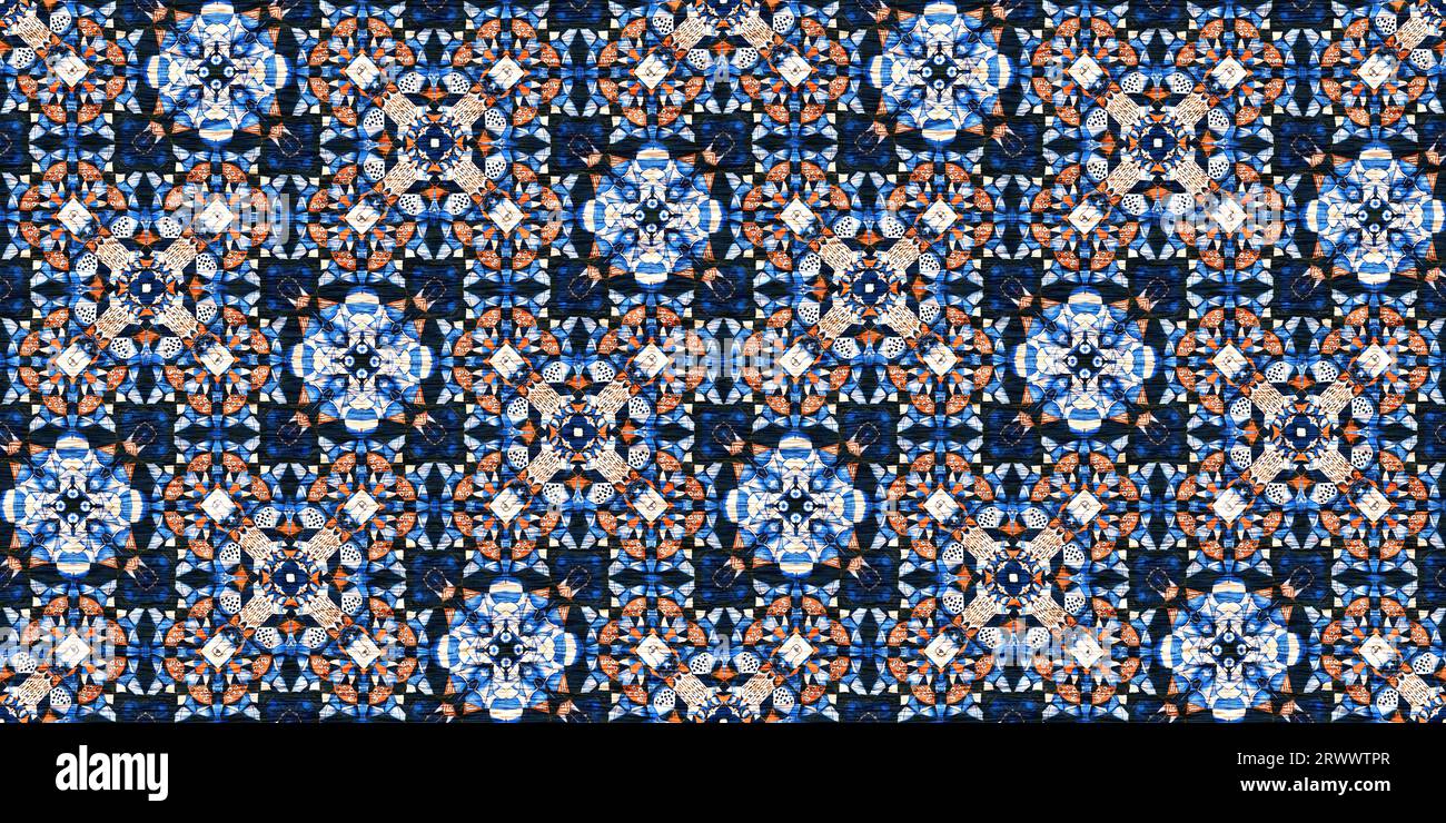 Indigo blue white vibrant watercolor batik azulejos tile border banner ...