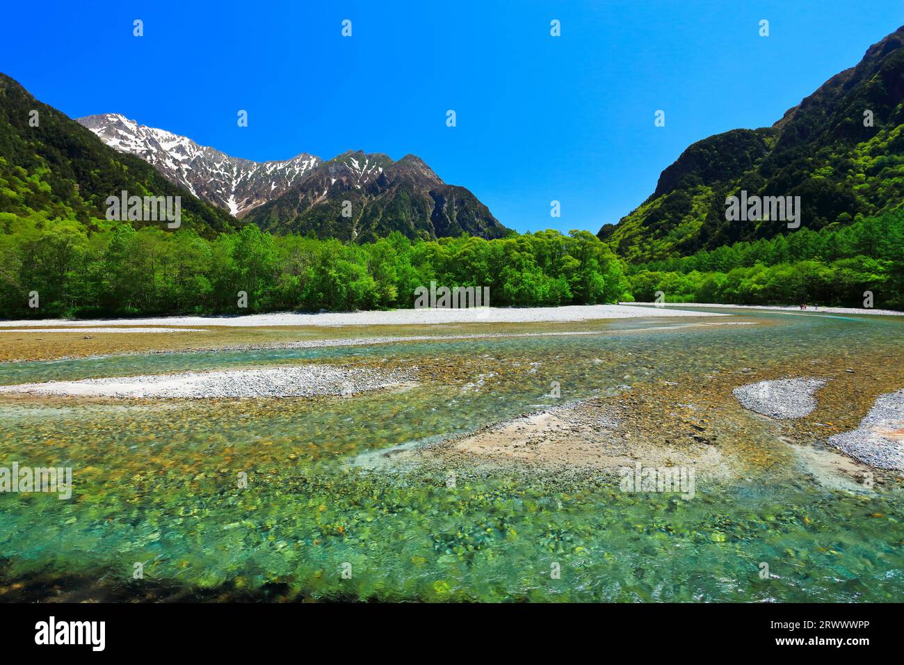 Hotaka mountain range with lingering snow under clear sky from Azusa ...