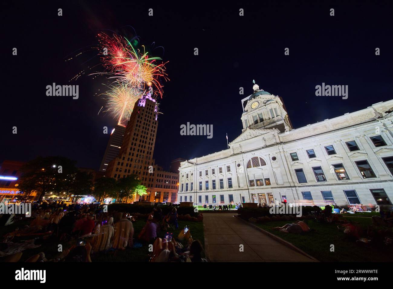 Colorful 4th of July fireworks over Lincoln Tower view from Fort Wayne ...