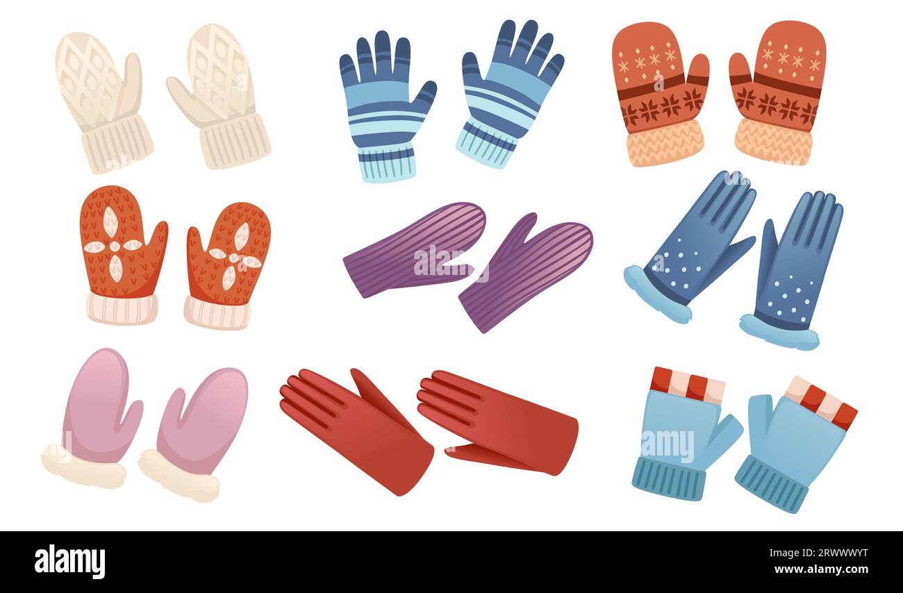 Set of warm textile pairs of winters gloves with different colors and ...