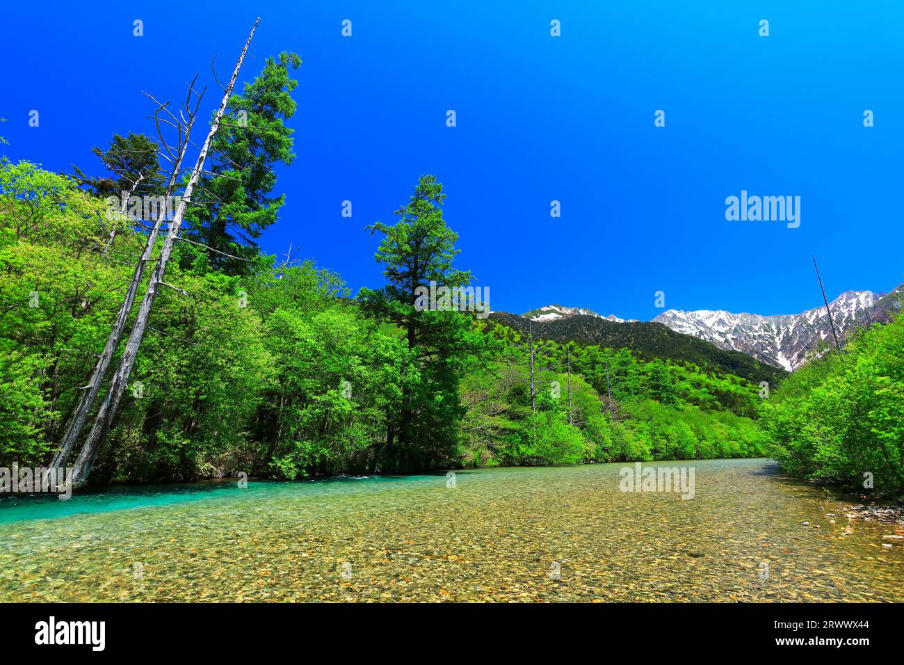 Hotaka mountain range with lingering snow under clear sky from Azusa ...
