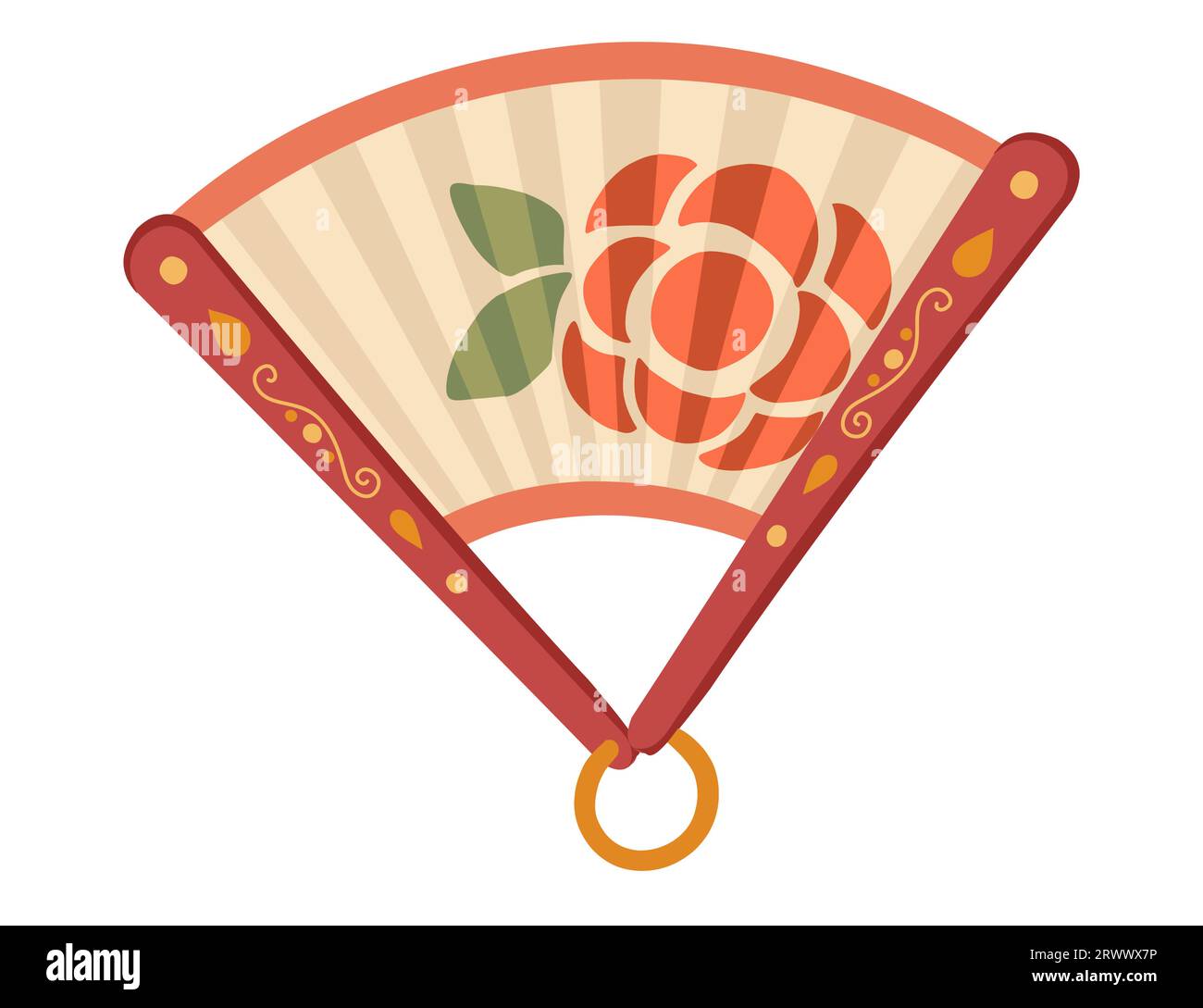 Classic asian style wooden hand fan with colorful drawing pattern ...