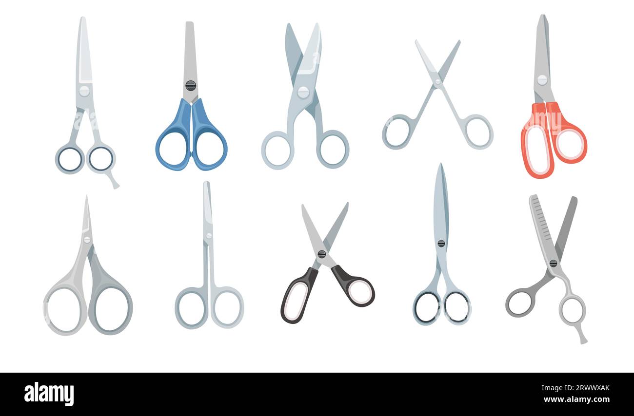 Set of different scissors models cutter tools simple cartoon design ...
