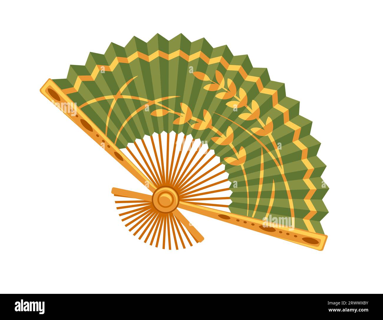 Classic asian style wooden hand fan with colorful drawing pattern ...