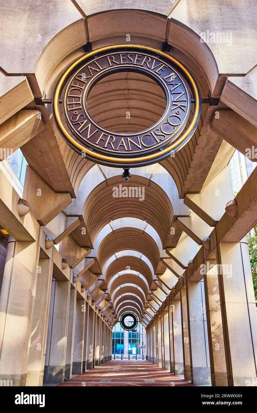 San Francisco Federal Reserve Bank walkway with curved ceiling and red ...