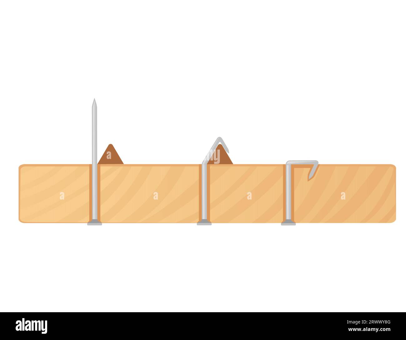 Steel nails in wooden plank vector illustration isolated on white ...