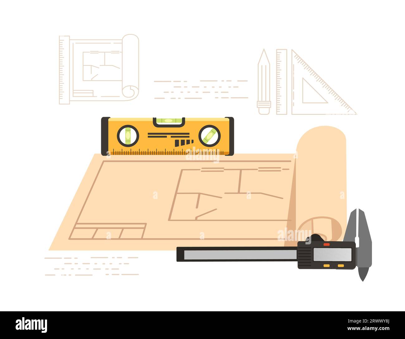 Blueprint level and measuring device vector illustration on white ...