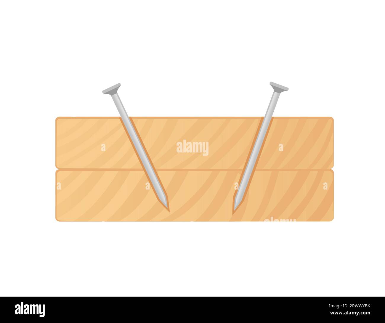 Steel nails in double wooden plank cutaway vector illustration isolated ...