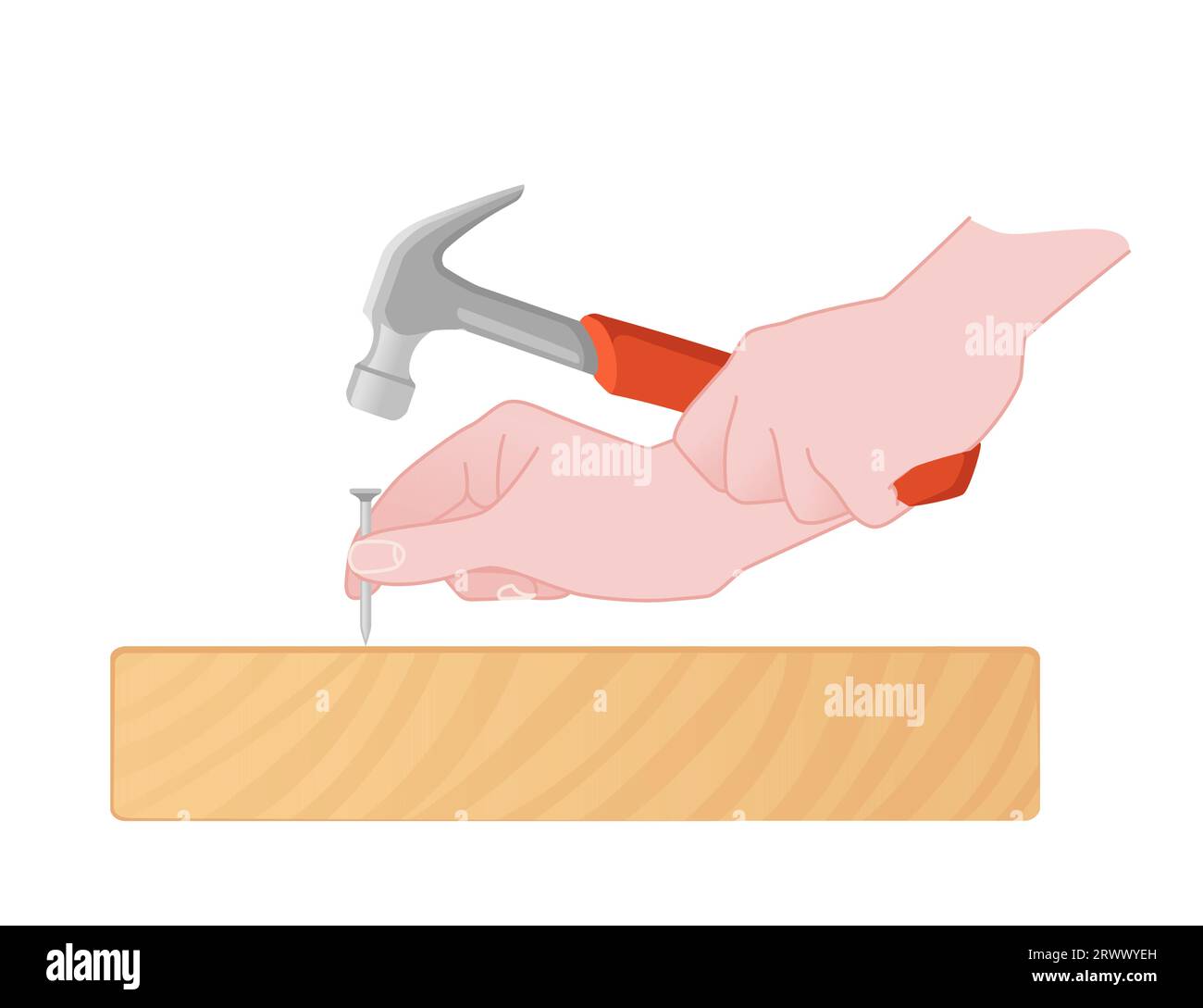 Using steel hammer to hammer a nail in wooden plank vector illustration ...