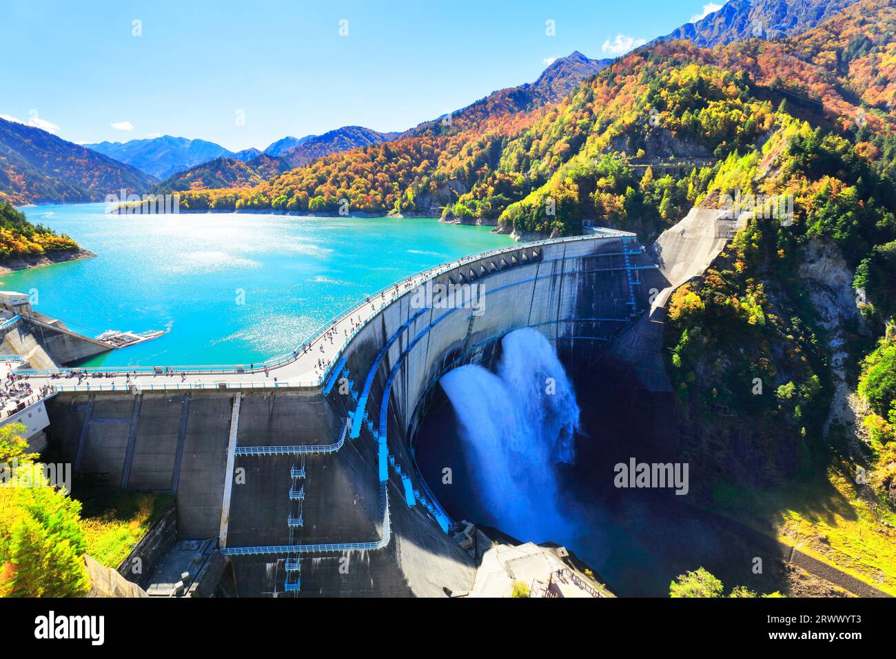Tateyama, Kurobe Dam in Autumn, Water Release and Autumn Leaves Stock ...