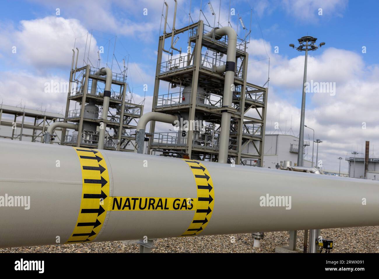 Natural gas main high pressure pipeline with yellow label Stock Photo ...