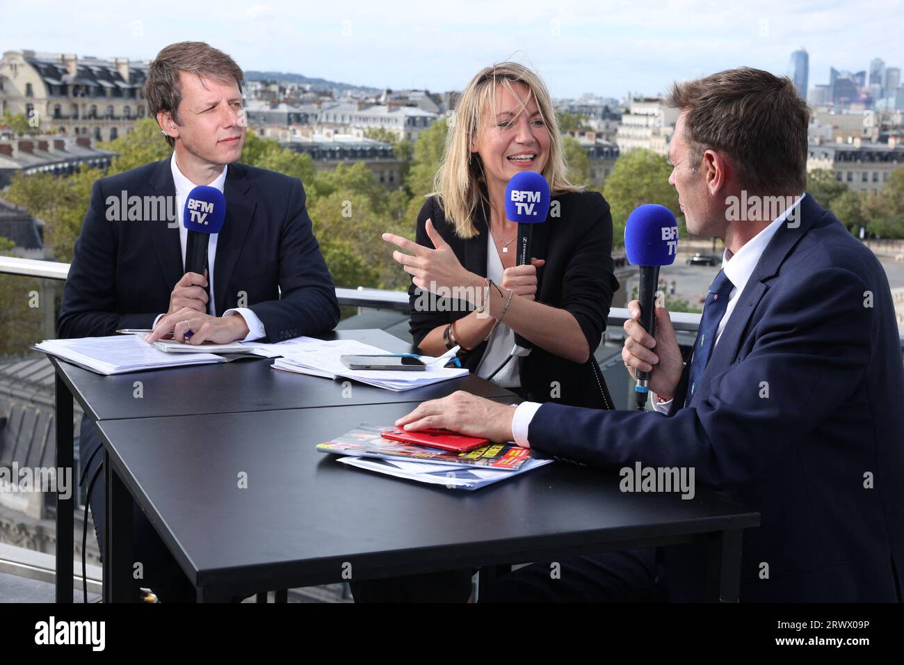 Paris, France. 20th Sep, 2023. BFMTV's Journalists Damien Gourlet and ...