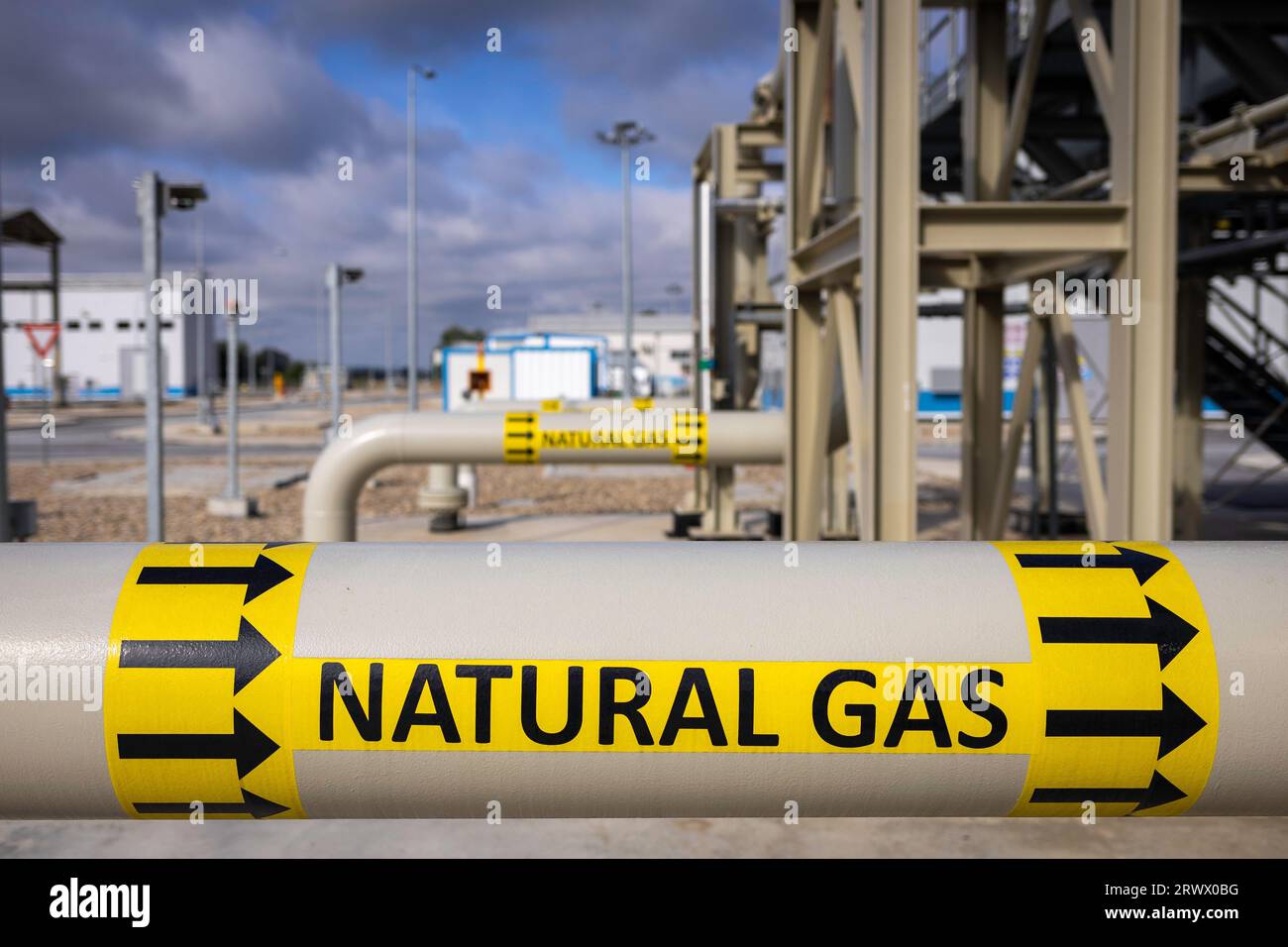 Natural gas main high pressure pipeline with yellow label Stock Photo ...