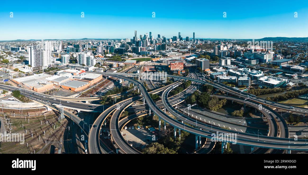 The extensive Bowen Hills Interchange on a clear winter's day in ...