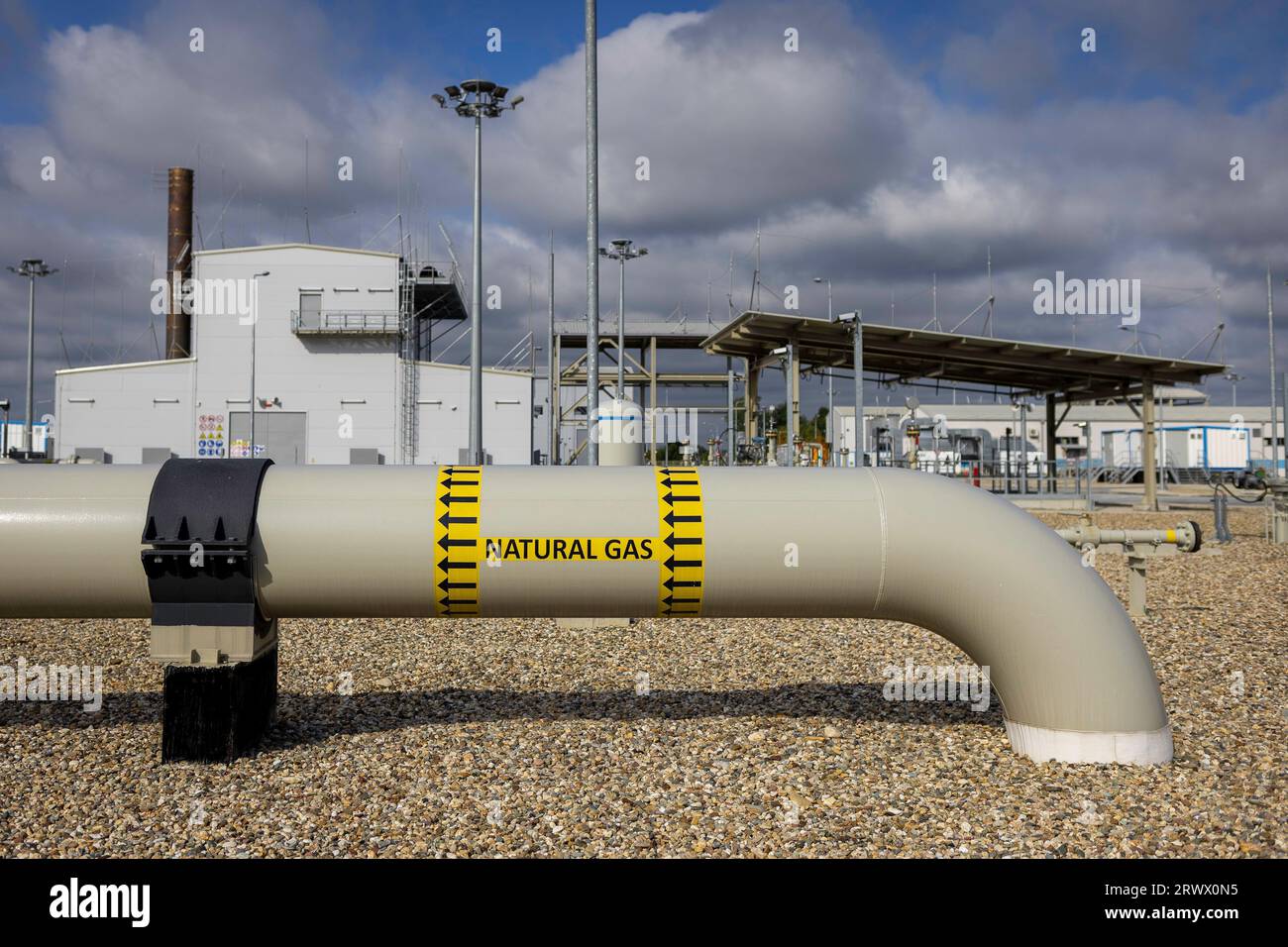 Natural gas main high pressure pipeline with yellow label Stock Photo ...